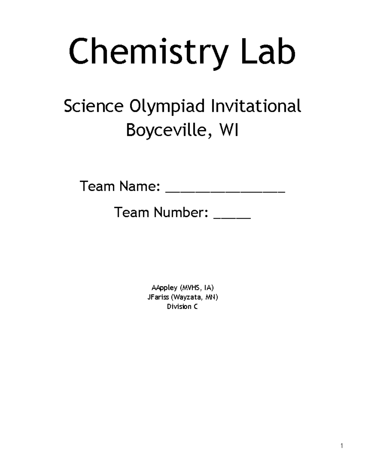Chemistry Lab Division C SciOly Invitational 2017 - Boyceville, WI ...