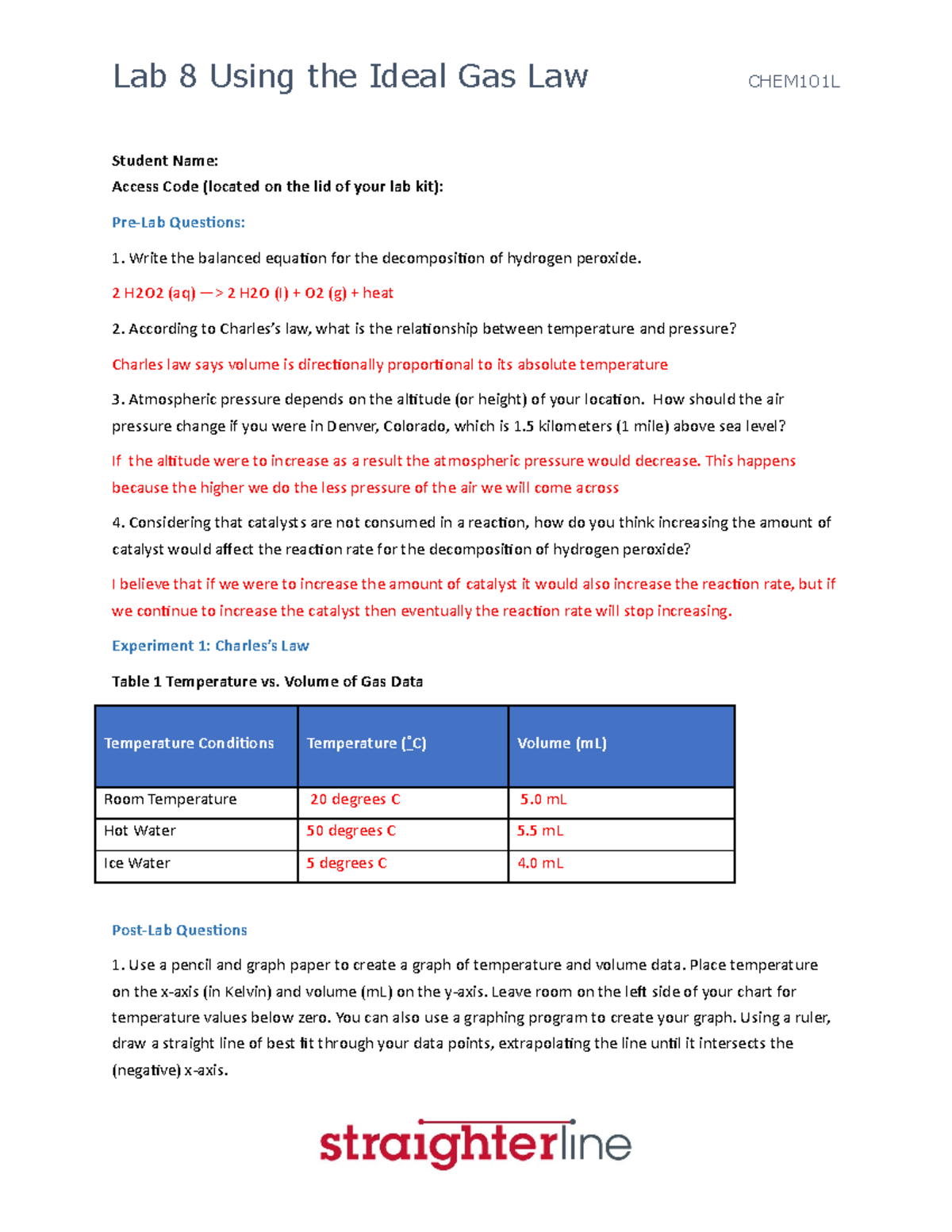 CHEM101L Lab 8 - this lab covers using the ideal gas law - Lab 8 Using ...