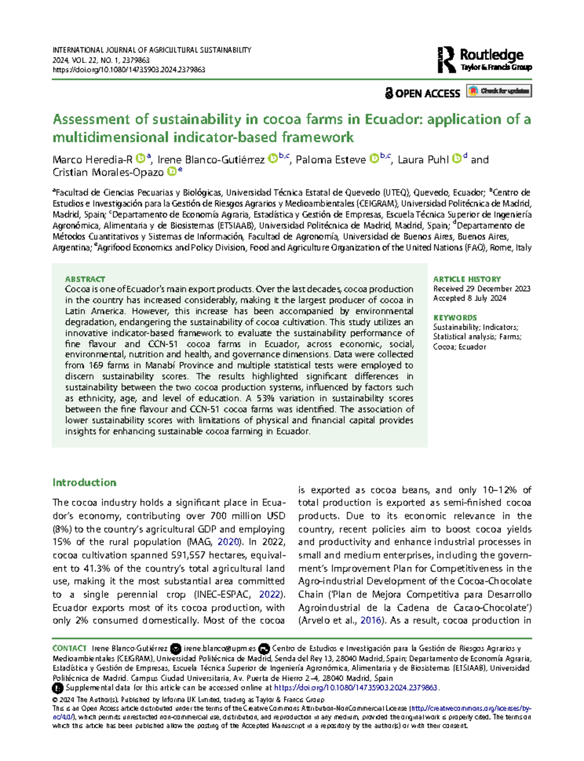 Assessment of Sustainability in Cocoa Farms in Ecuador: A ...