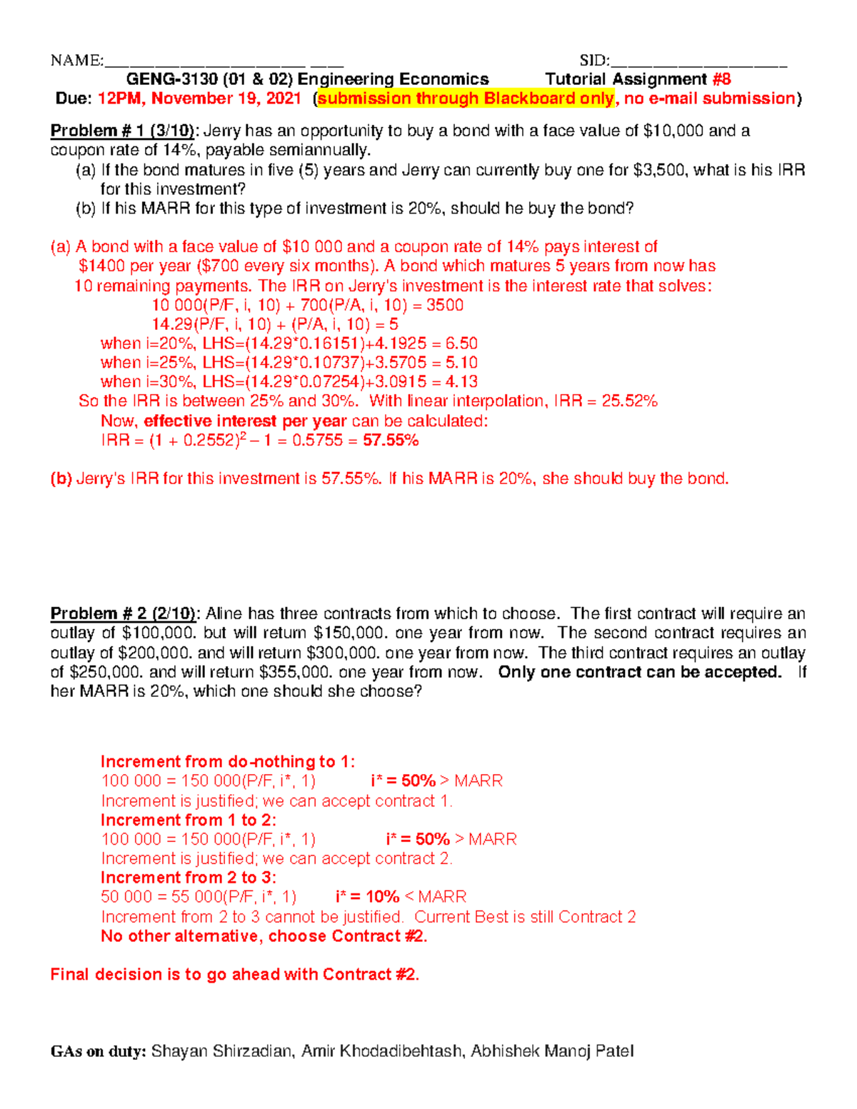 Tutorial 8 Nov19 solution - NAME:________________________ ____ SID:_____________________ GAs on ...
