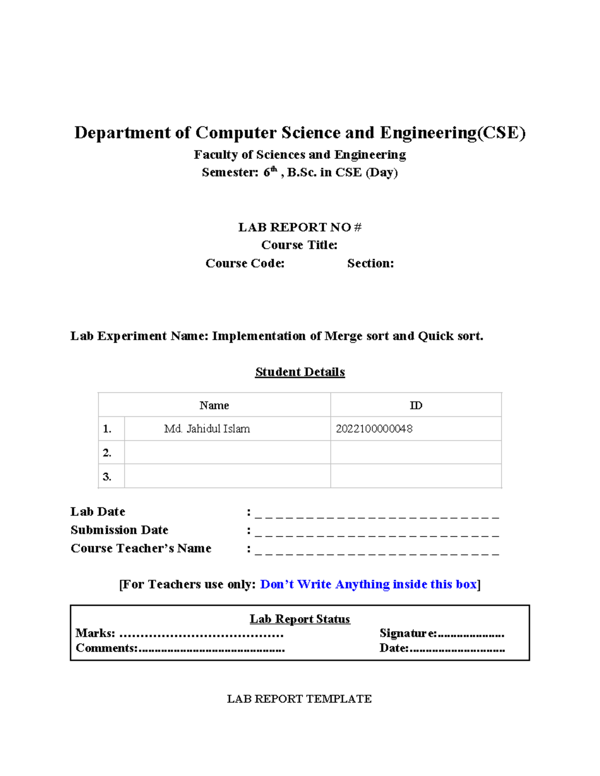 Lab Report Template: CSE 6th Sem on Merge Sort and Quick Sort - Studocu