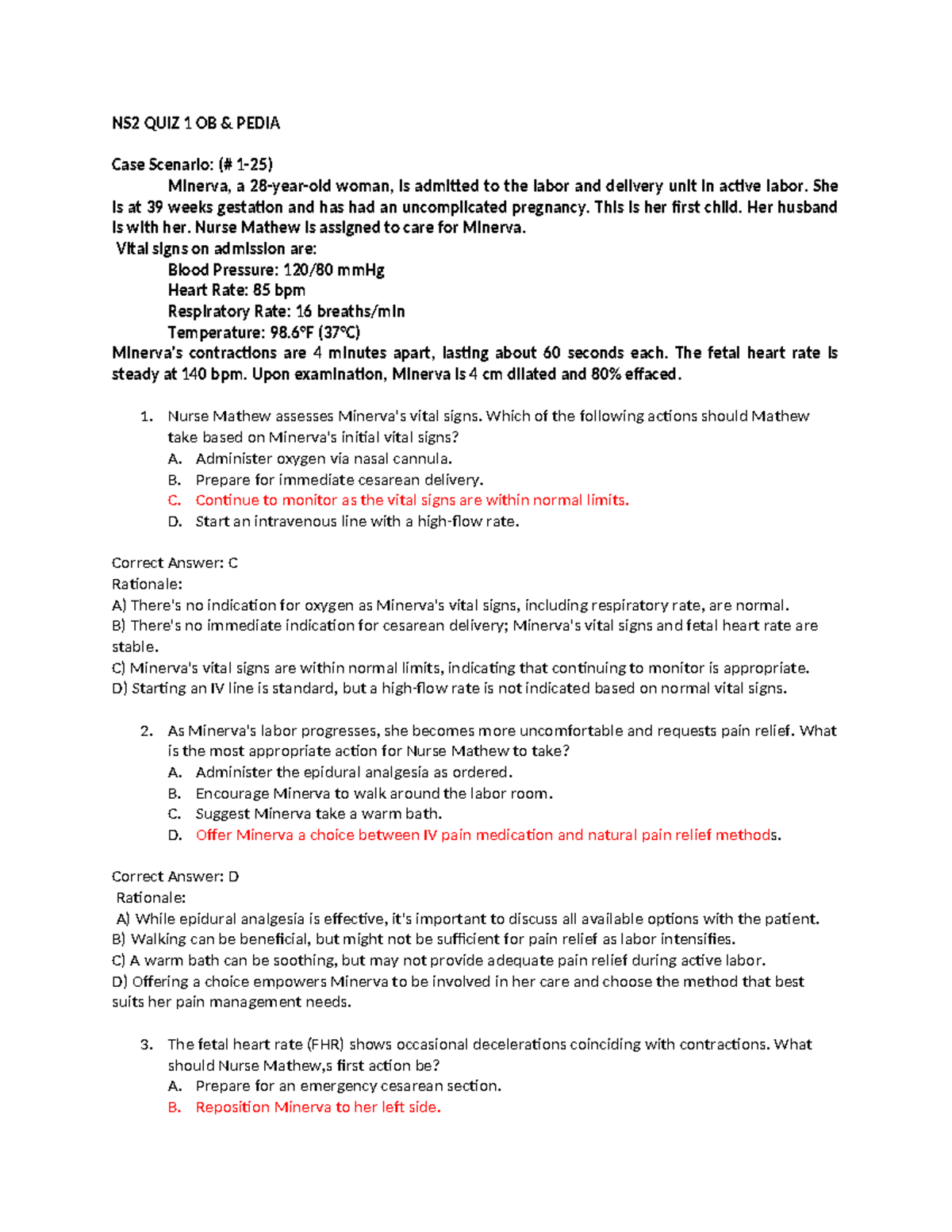 NS2 QUIZ 1 OB PEDIA - Labor and Delivery Case Scenarios - Studocu