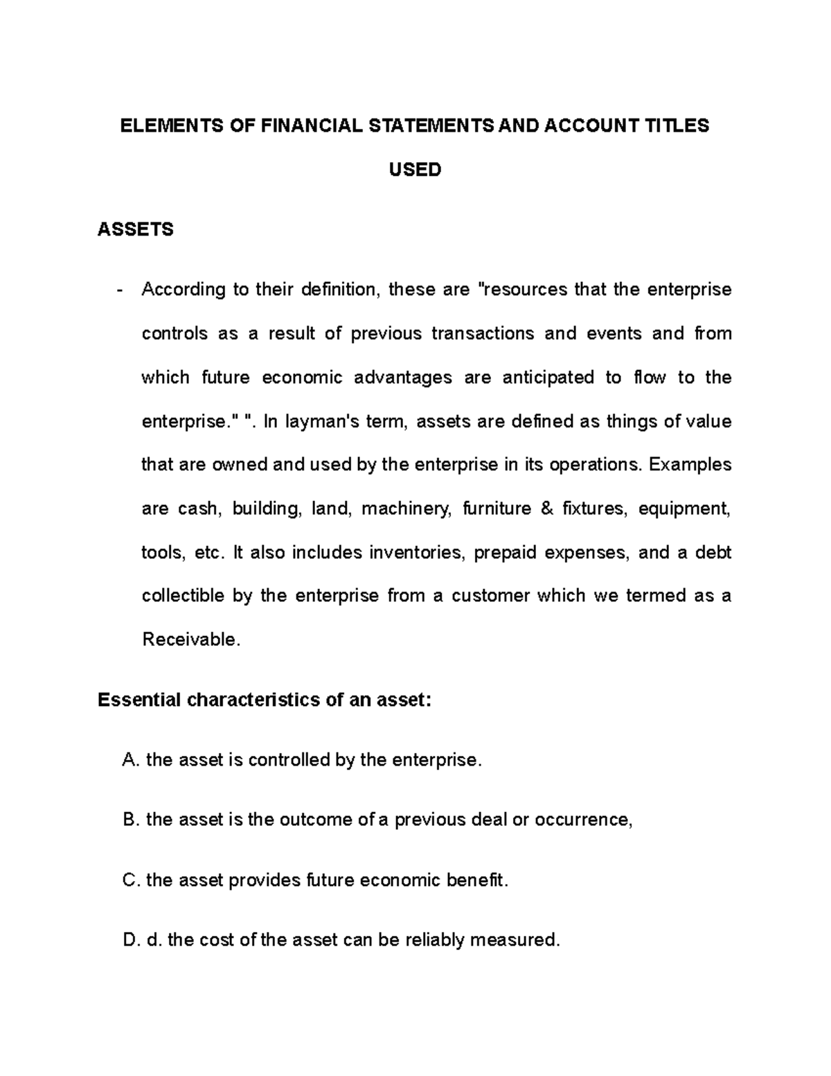 Elements of Financial Statements & Account Titles Used (FIN 101) - Studocu