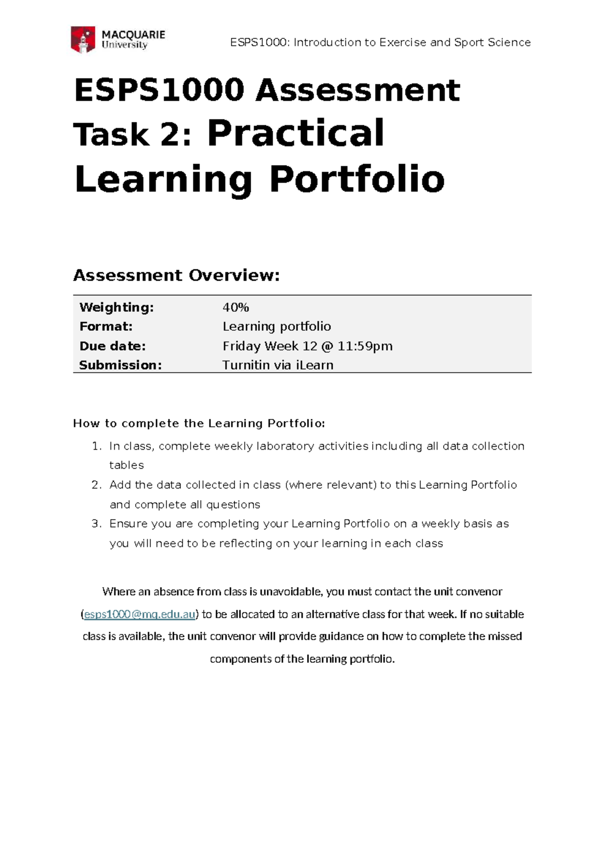 ESPS1000 AT2 Learning Portfolio: Practical Assessment Overview 2026 ...