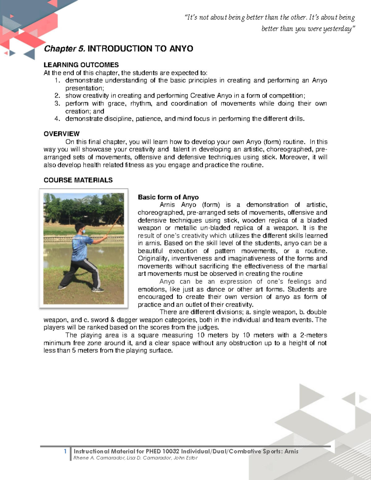 PHED 10032 Final Exam: Introduction to Anyo in Arnis - Studocu