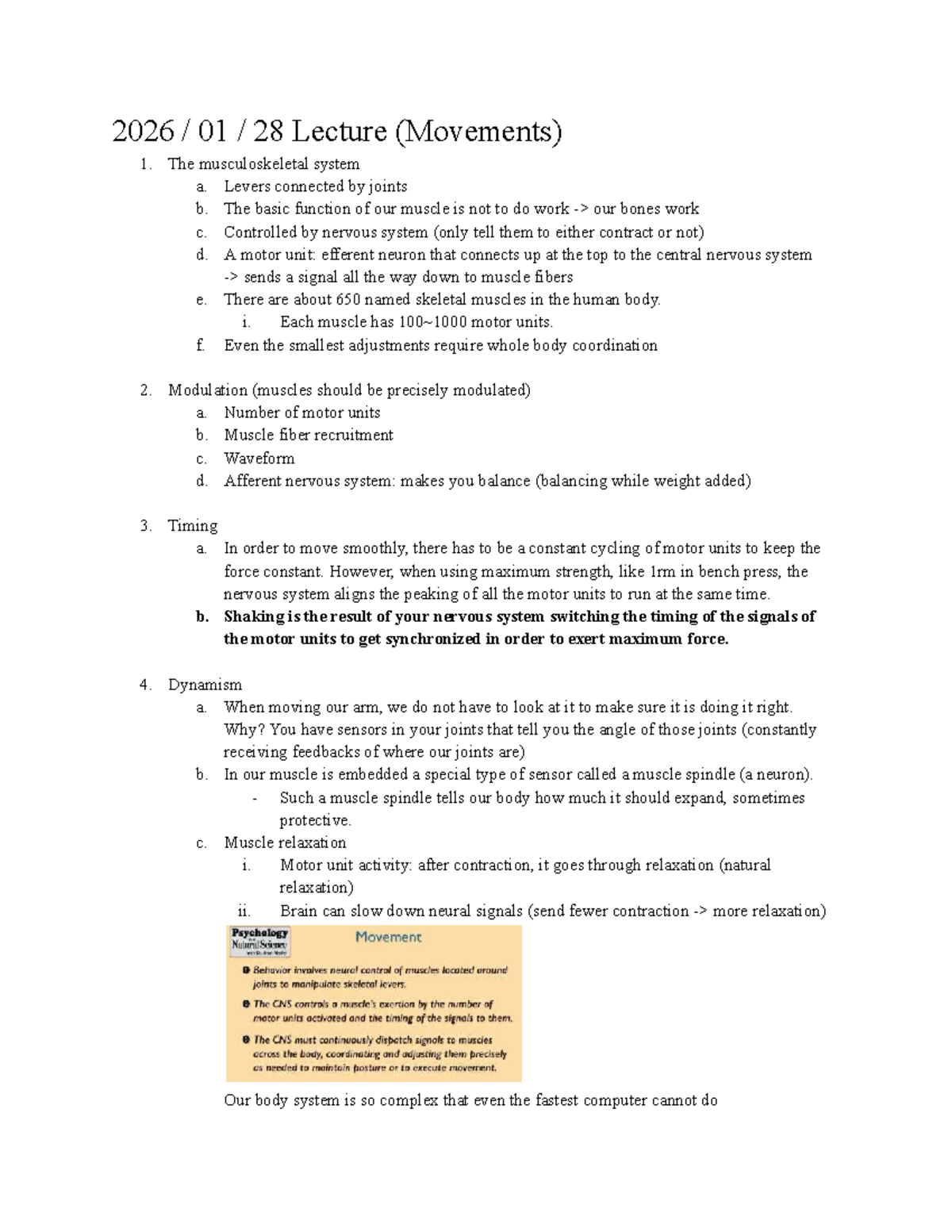 Psych 2026 Lecture Notes: Musculoskeletal System & Motor Control - Studocu