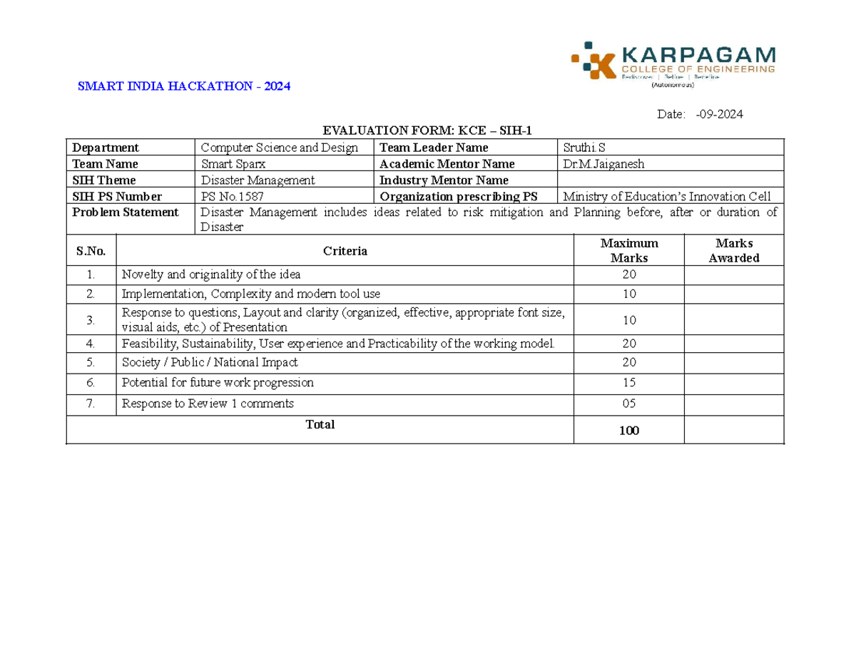 SMART INDIA HACKATHON 2024 Evaluation Form for Smart Sparx Team - Studocu