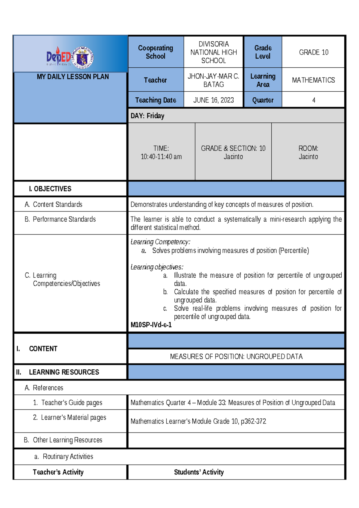 Grade 10 Math Lesson Plan: Measures of Position (Percentiles) - Studocu