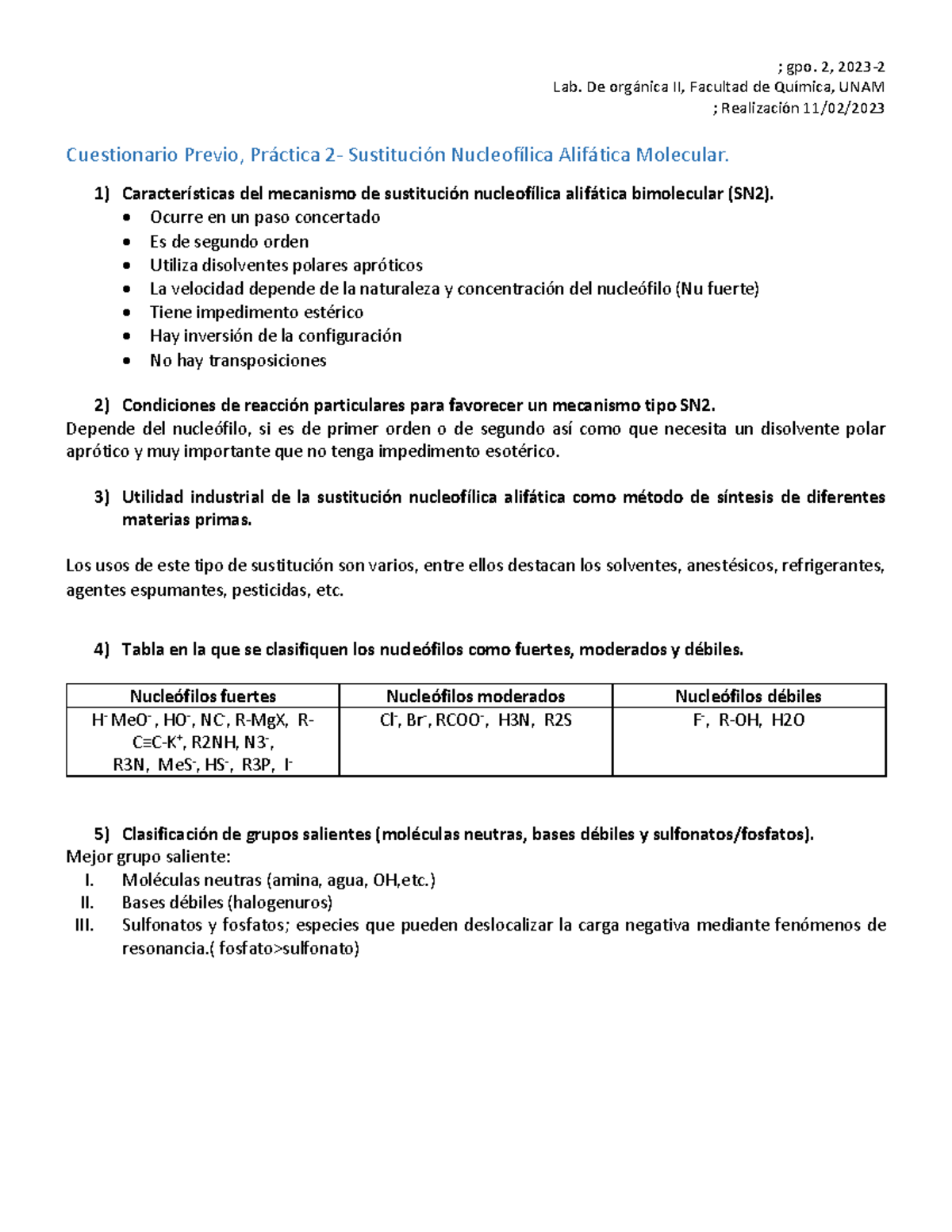 Cuestionario Previo P2: Sustitución Nucleofílica Alifática Molecular ...