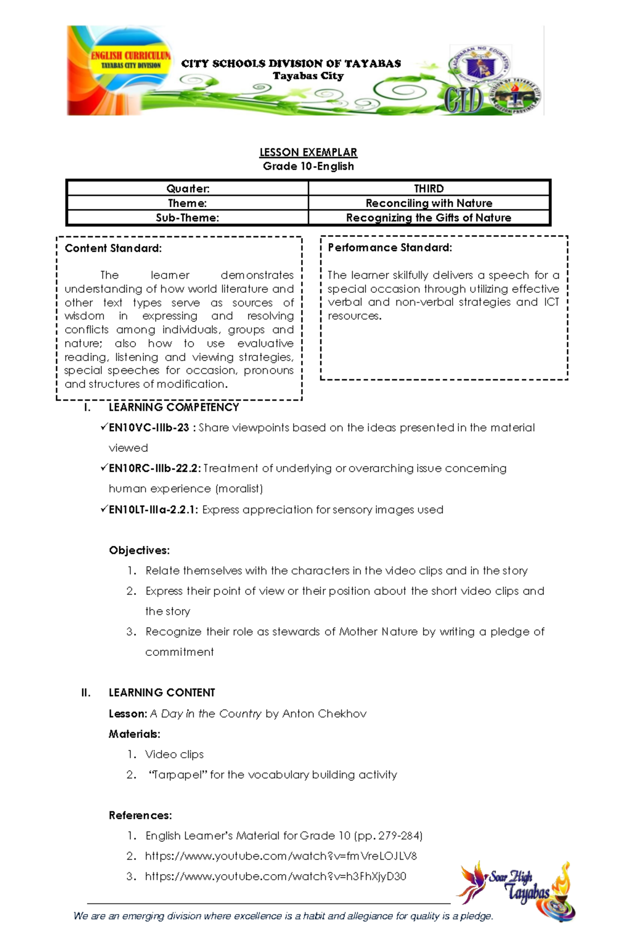 G10 English Lesson Exemplar - 3rd Quarter: Reconciling with Nature ...