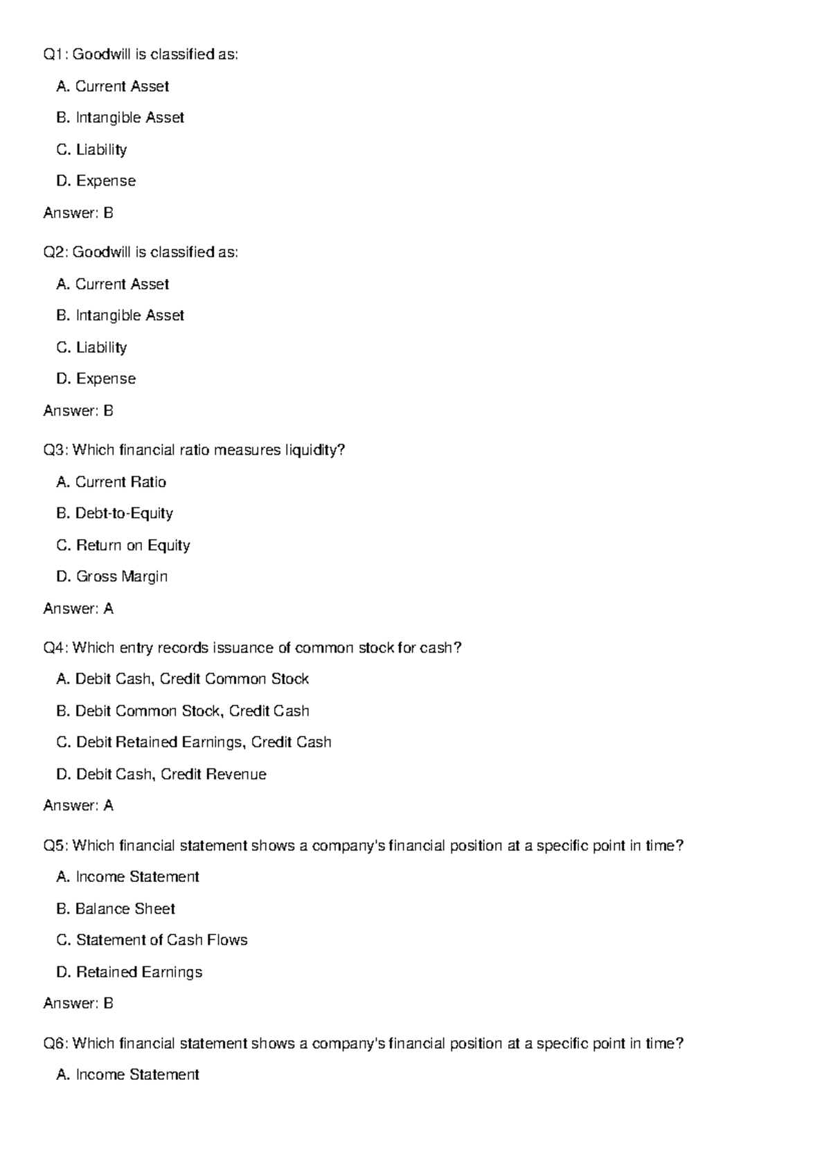 Accounting Quiz Set 1 (QSET 1): Goodwill & Financial Ratios - Studocu