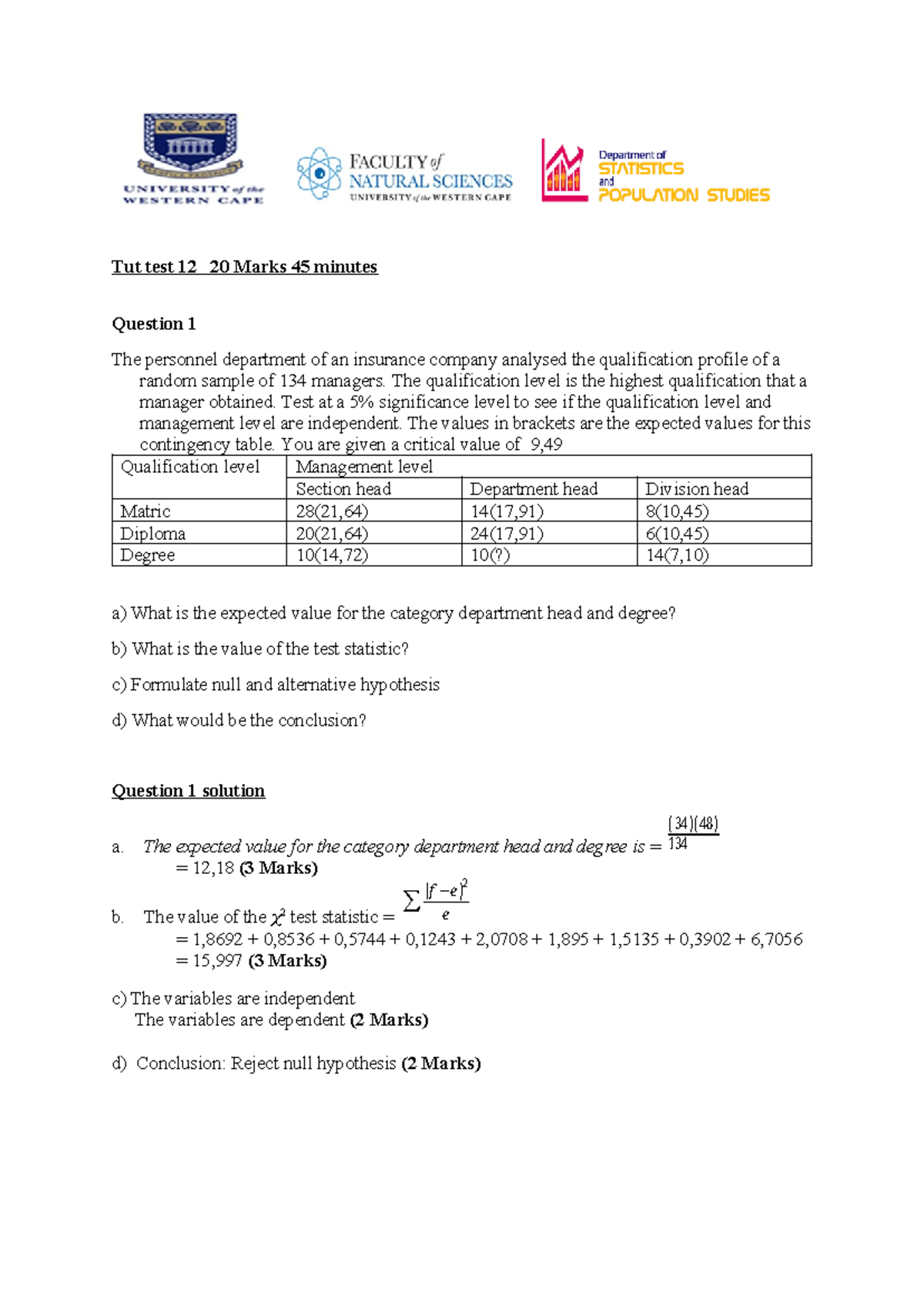 Tut test 12 Memo - Answers to tutorial 12 - Tut test 12 20 Marks 45 ...