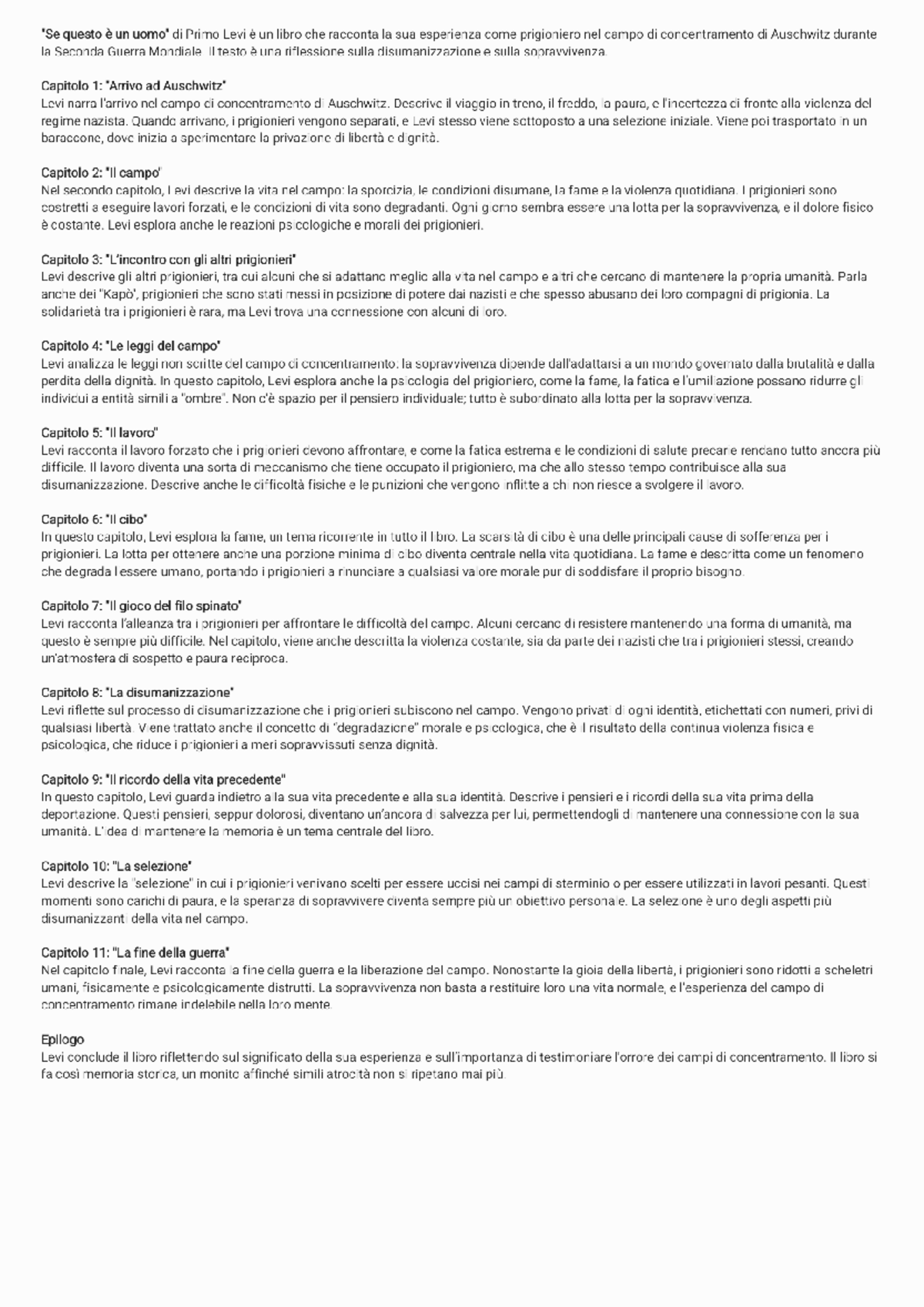 Riassunto di "Se questo è un uomo" di Primo Levi - Studocu