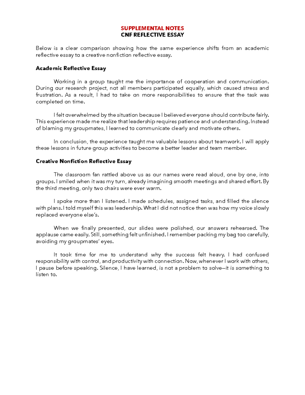 SUPPLEMENTAL NOTES: ACADEMIC vs. CNF REFLECTIVE ESSAY - Studocu