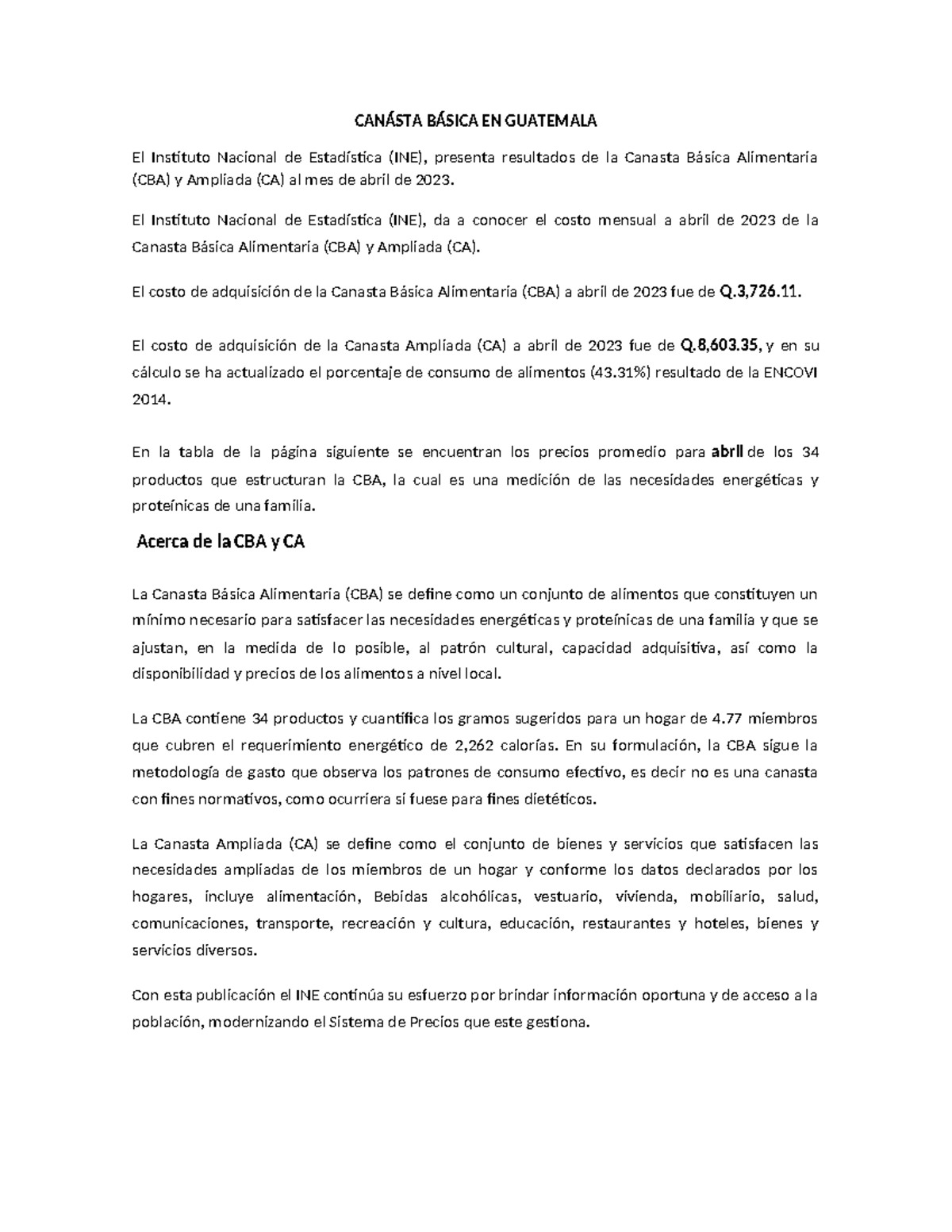 Canasta Básica Alimentaria y Ampliada en Guatemala - Abril 2023 - Studocu