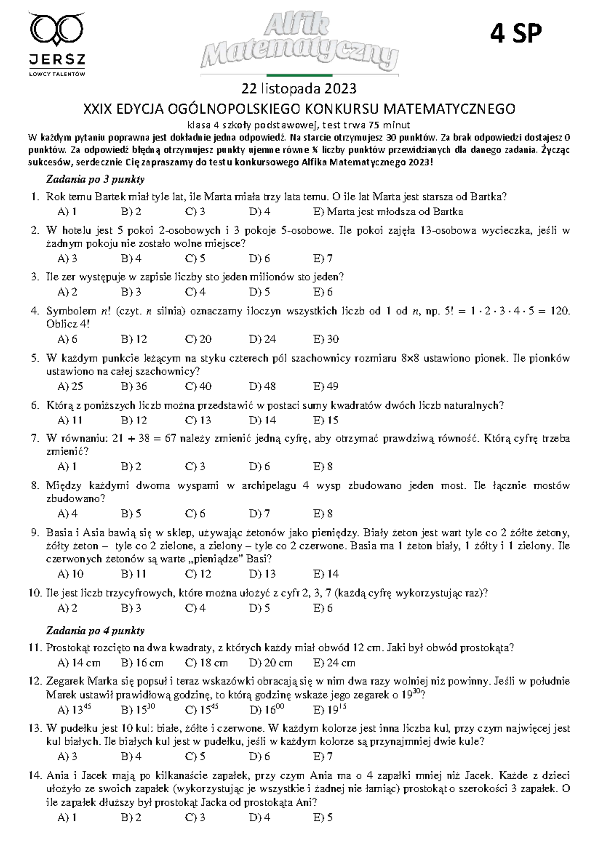 Alfik Matematyczny Klasa 4 Test 2024: XXIX Konkurs Matematyczny - Studocu