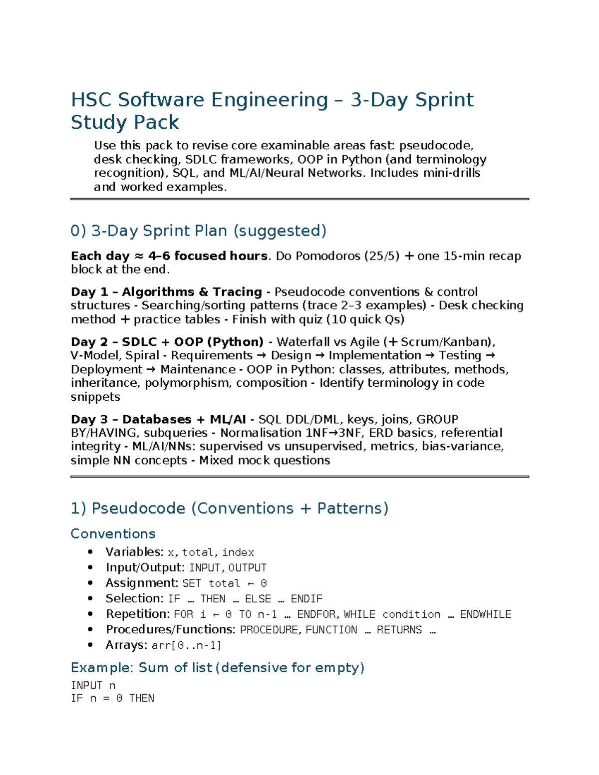 HSC Software Engineering - 3-Day Sprint Study Pack - Studocu