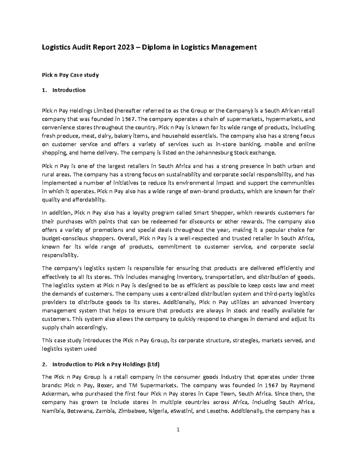 LAR 2023: Pick n Pay Case Study Logistics Audit Report - Studocu