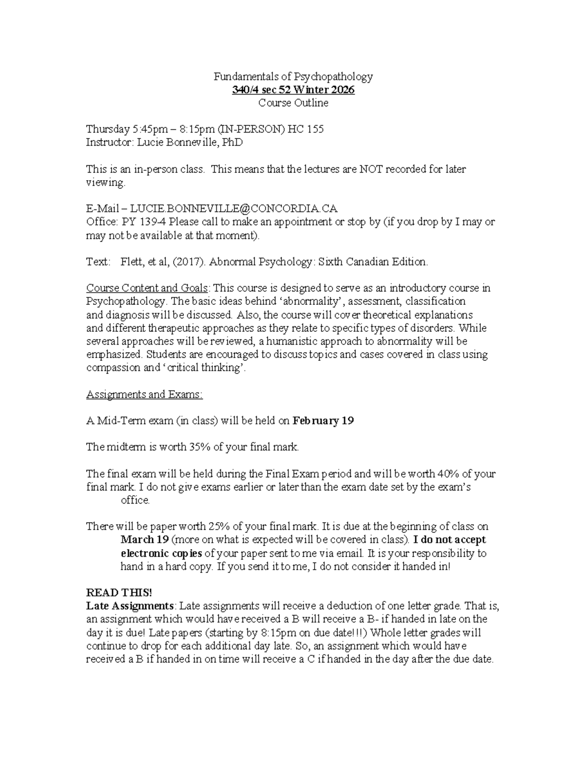 Fundamentals of Psychopathology sec 52 Winter 2026 Course Outline - Studocu