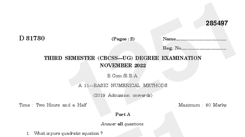 Numerical Methods Exam Questions (2019 Adm) - 3rd Sem 2022 - Studocu