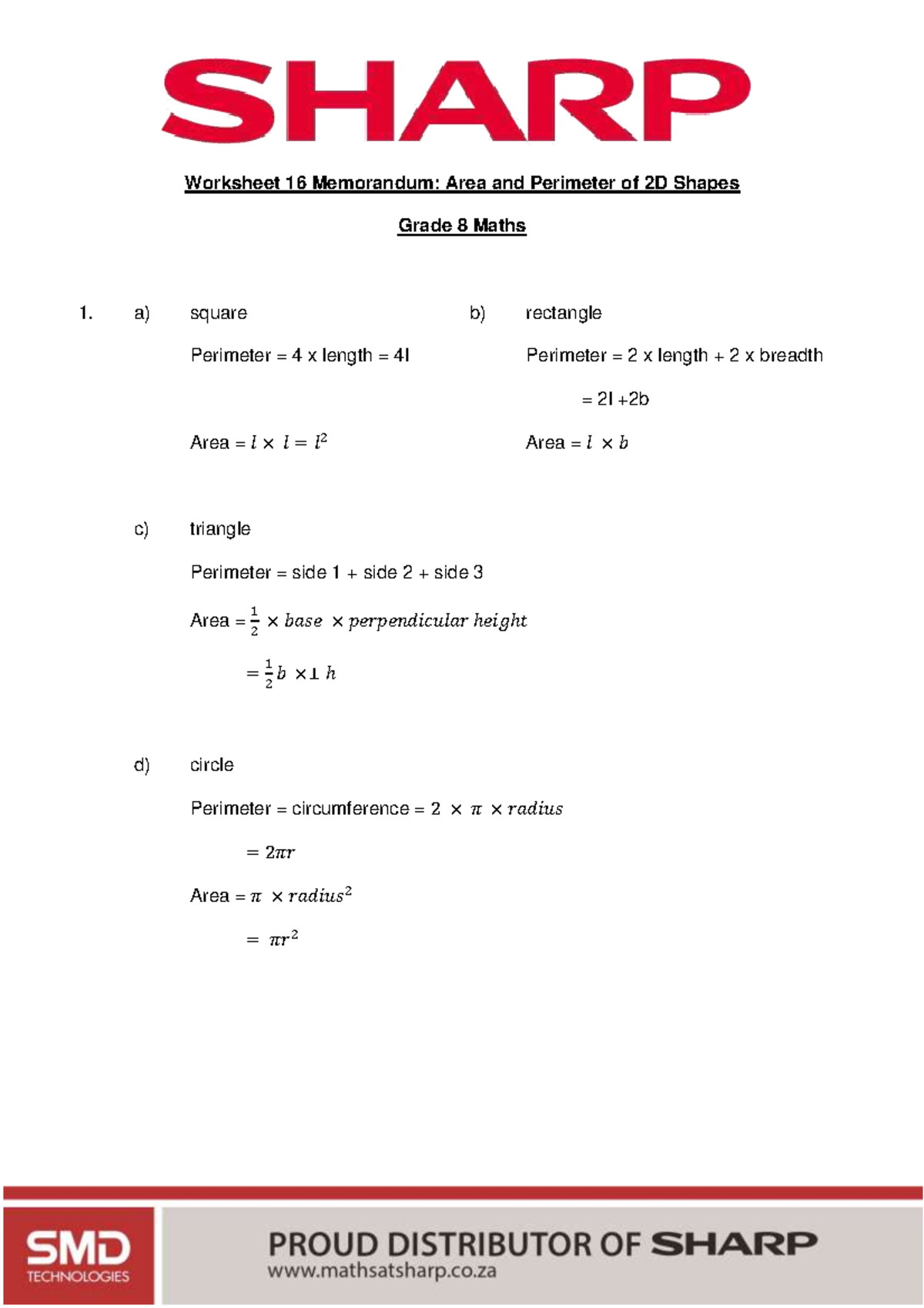Worksheet 16 Memorandum: Area & Perimeter of 2D Shapes - Grade 8 Maths ...
