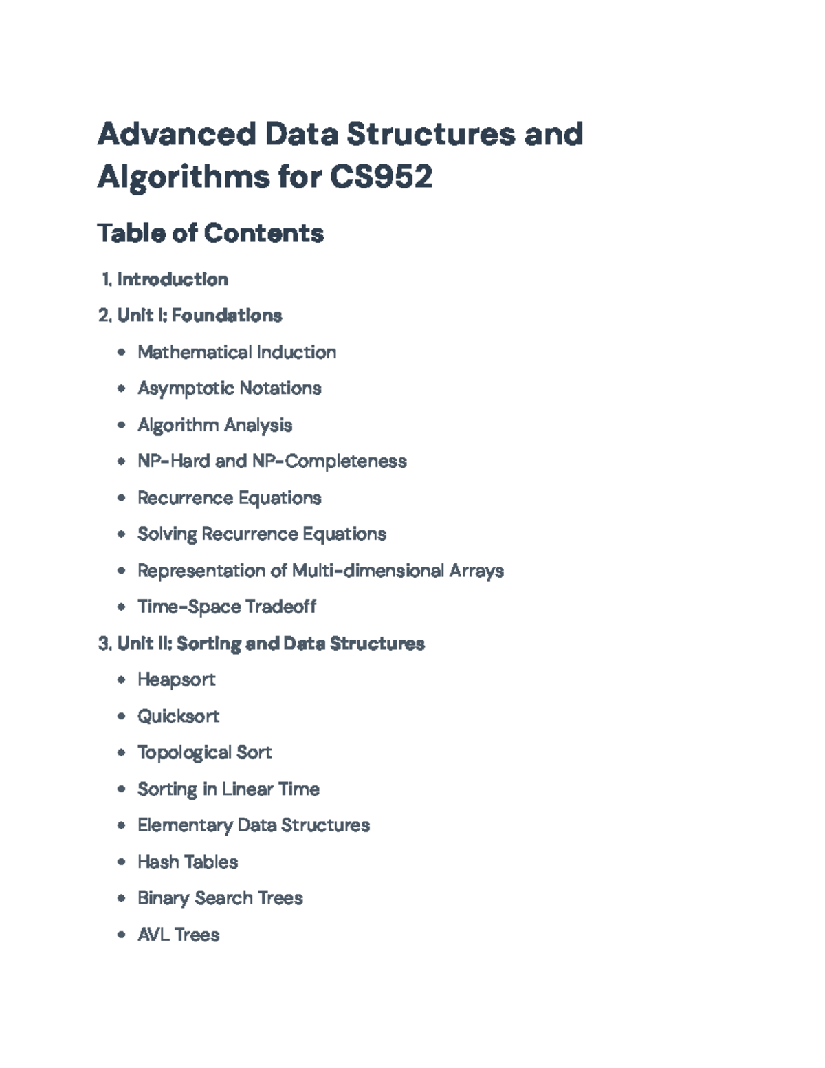 Advanced Data Structures and Algorithms Overview for CS952 Course ...