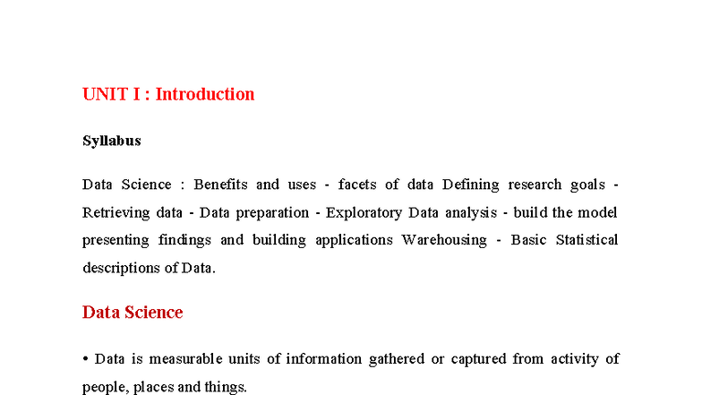 UNIT I: Data Science Overview and Applications Syllabus - Studocu