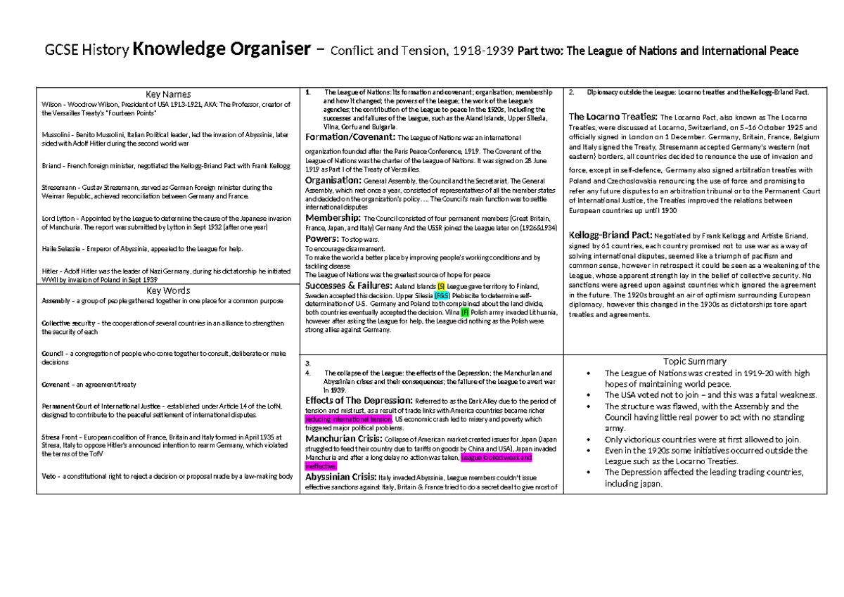 GCSE History Knowledge Organiser: Conflict & Tension, 1918-39 Part 2 ...