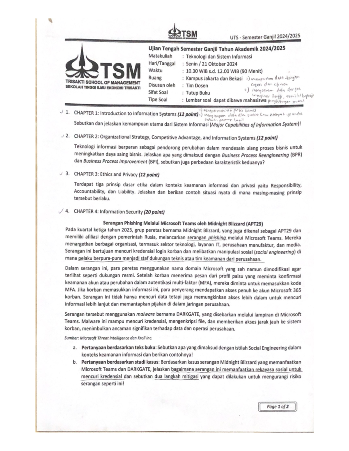 UTS TSI 2024/2025: Midterm Exam on Info Systems Management - Studocu