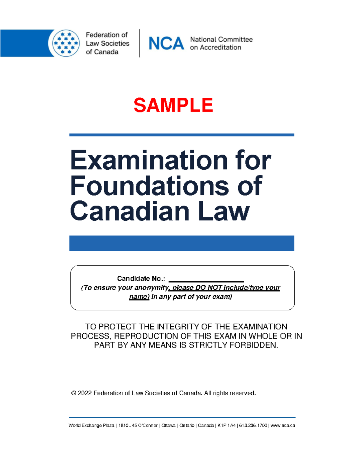 Sample Exam for NCA Foundations of Canadian Law - World Exchange Plaza ...
