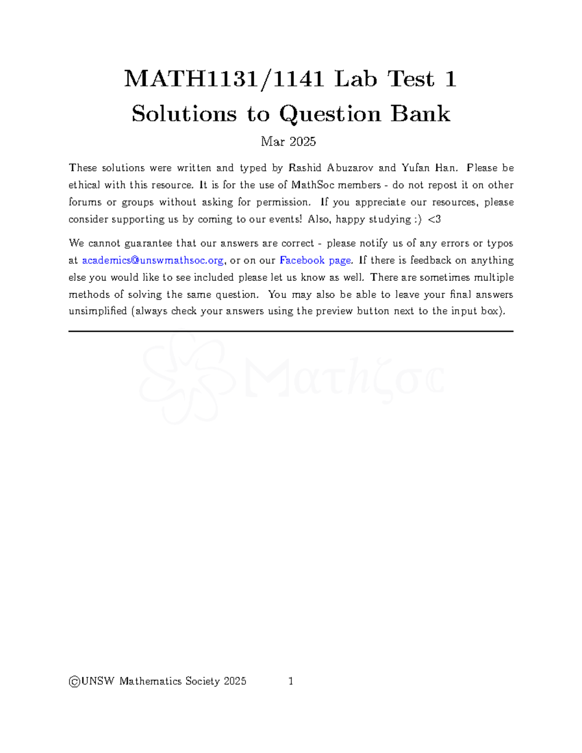 MATH1131/1141 Lab Test 1 Solutions and Question Bank - Studocu