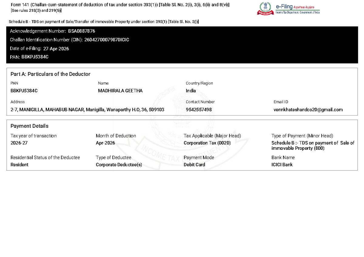TDS on Immovable Property Payment - Form 141 (BSA0887876) - Studocu