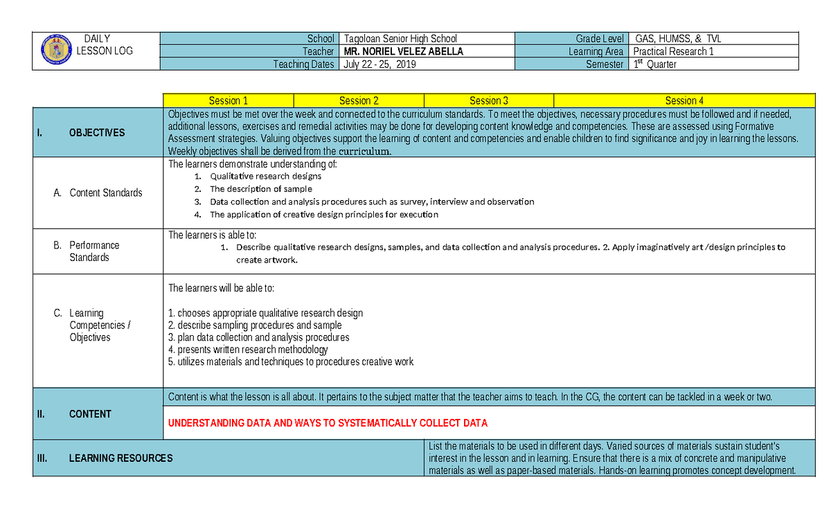 DAILY LESSON LOG: Practical Research 1 Objectives & Procedures - Studocu