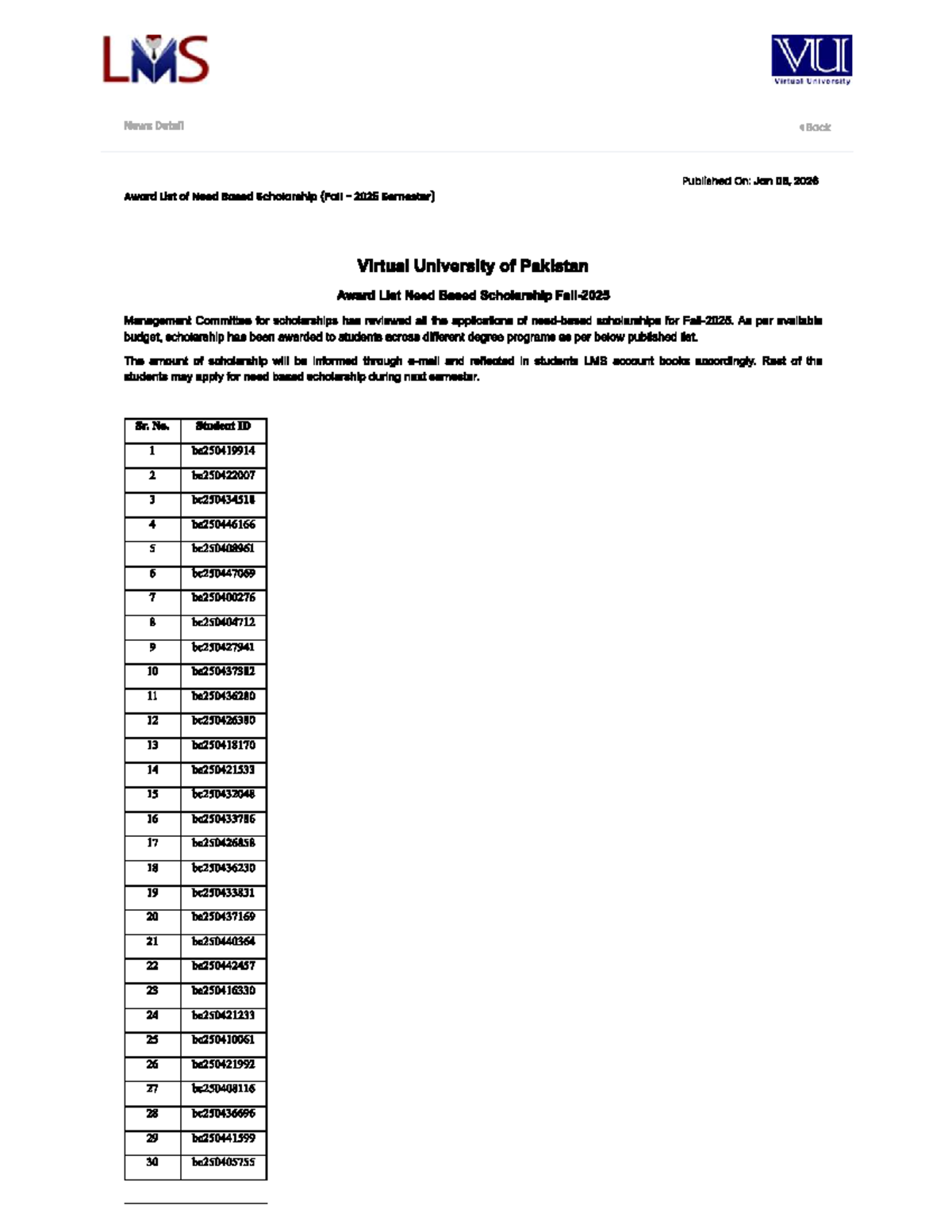 Award List for Need-Based Scholarships (Fall 2025) - VIUI - Studocu