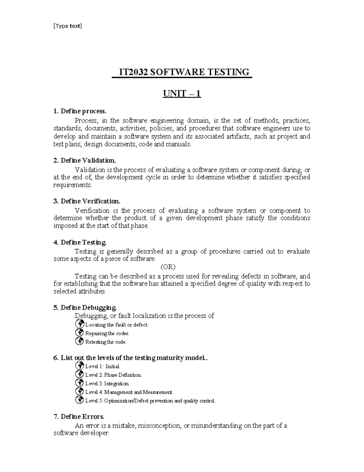 IT2032 SOFTWARE TESTING QUESTION BANK - UNIT 1 & 2 - Studocu