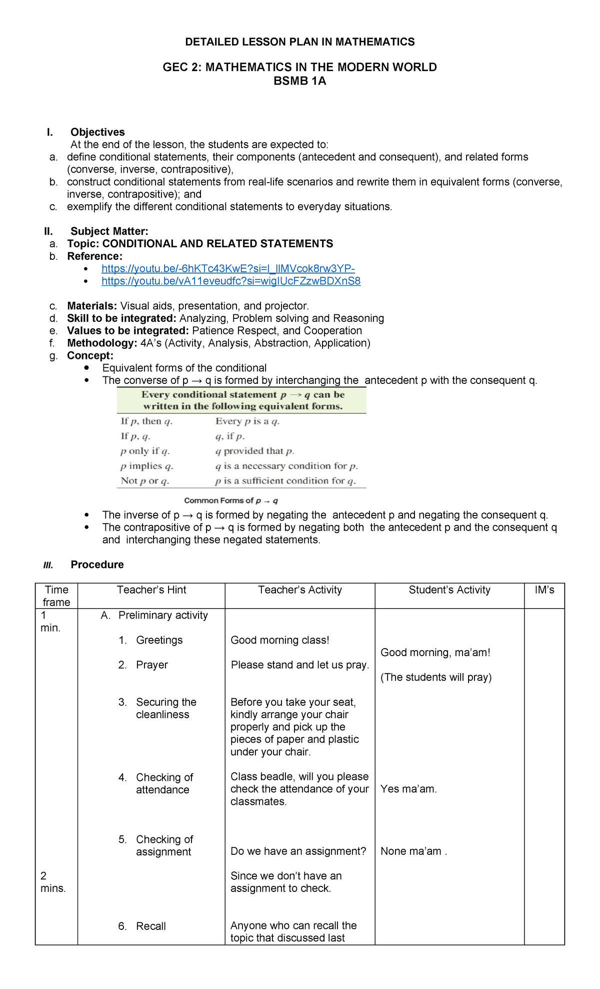 LP- Detailed Lesson Plan on Conditional and Related Statements - Studocu
