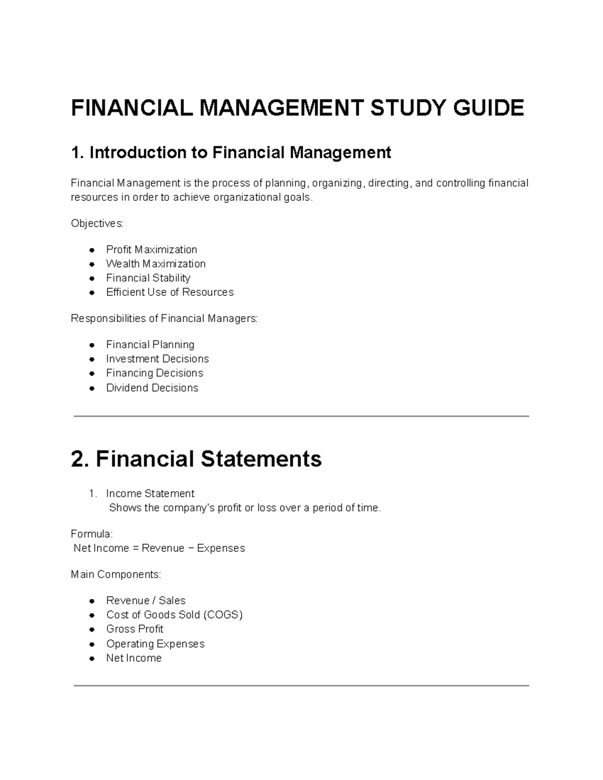 FIN 101: Financial Management Study Guide Overview and Key Concepts ...