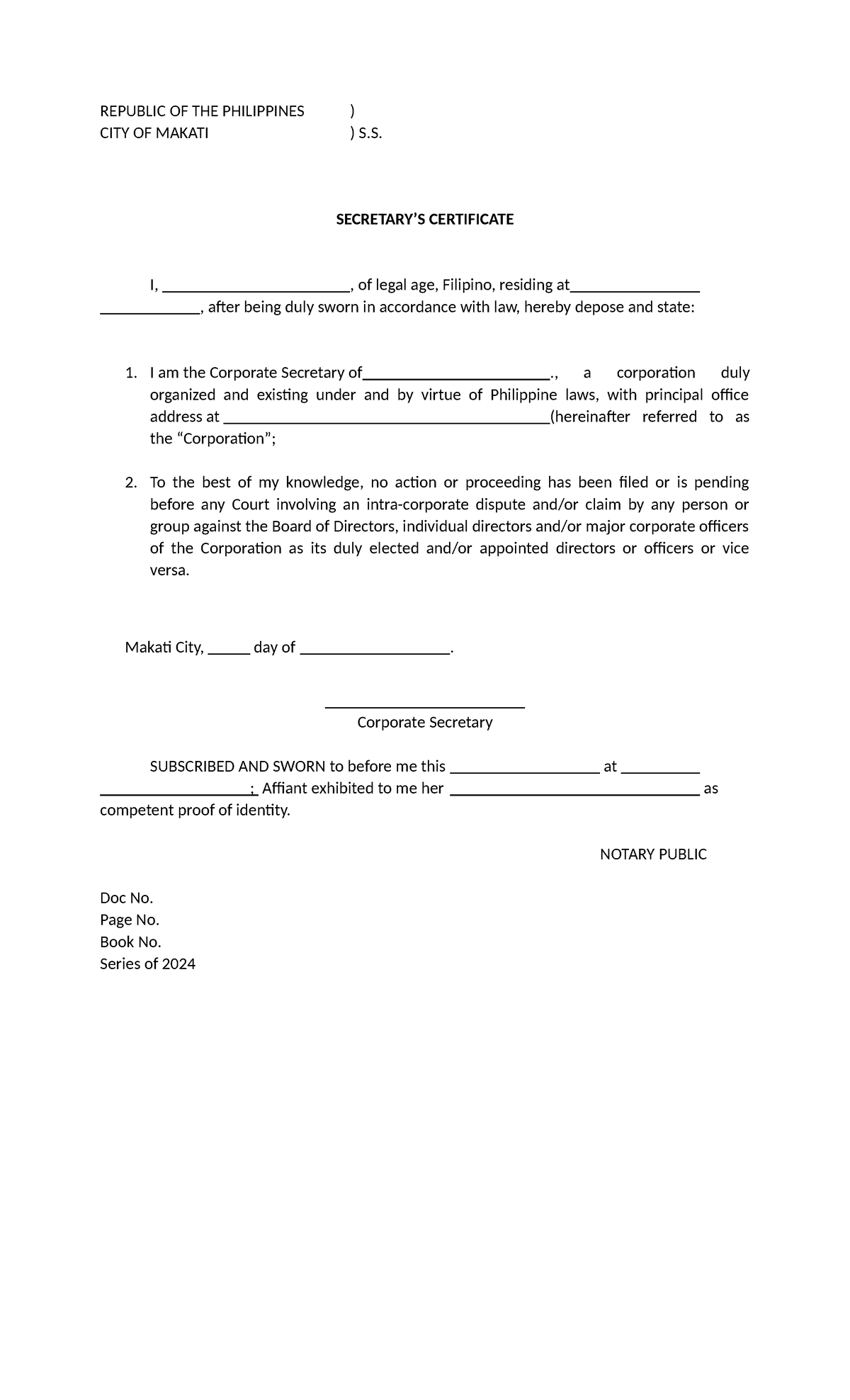 Secretary's Certificate: No Intra-Corporate Dispute - 2024 - Studocu