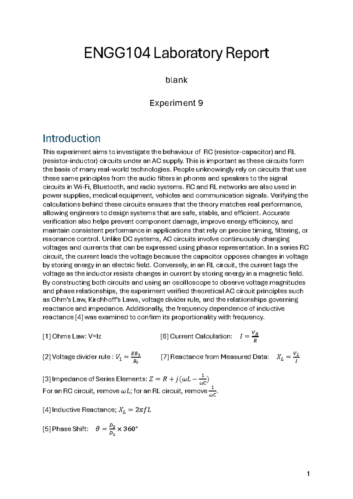 ENGG104 Experiment 9 Lab Report: AC Behavior of RC & RL Circuits - Studocu