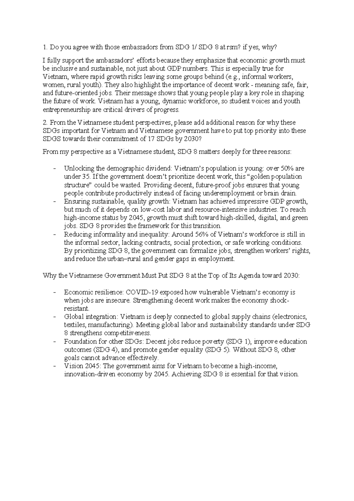 SDG 8: Importance for Vietnam's Economic Growth and Future - Studocu