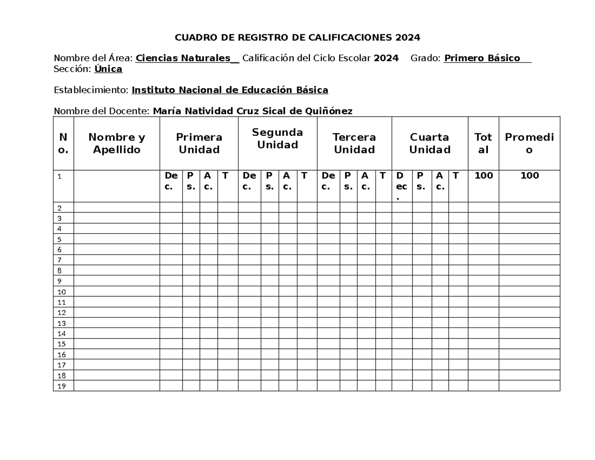 Registro de Calificaciones 2024 - Primer y Segundo Básico - Studocu