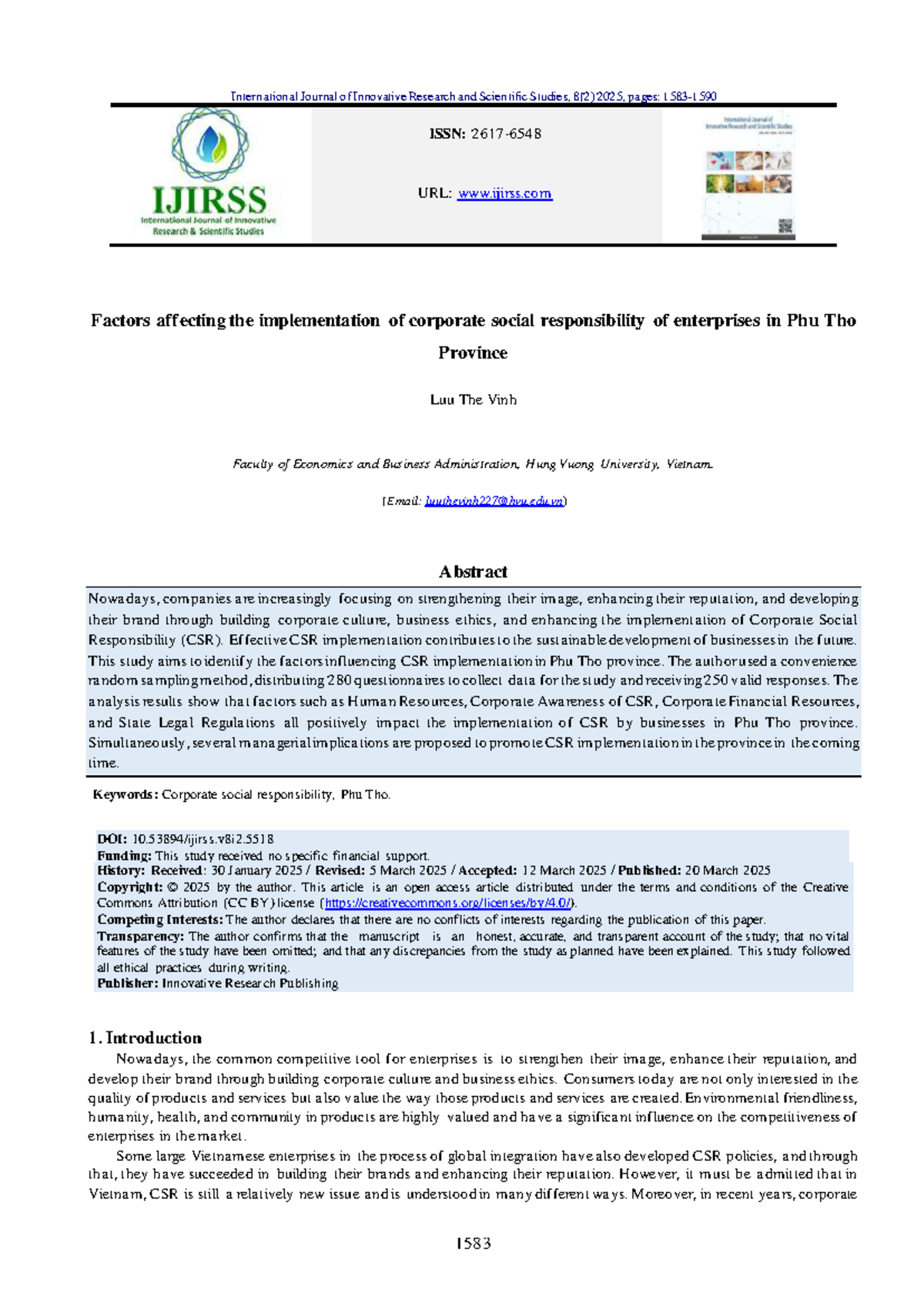 Factors Influencing CSR Implementation in Phu Tho Province: A Study ...