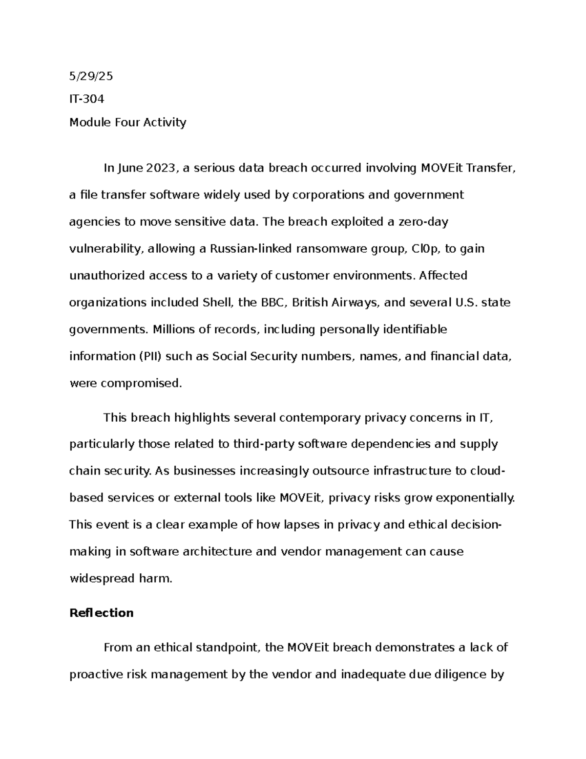 IT 304 Module 4 Activity: Analyzing the MOVEit Data Breach - Studocu