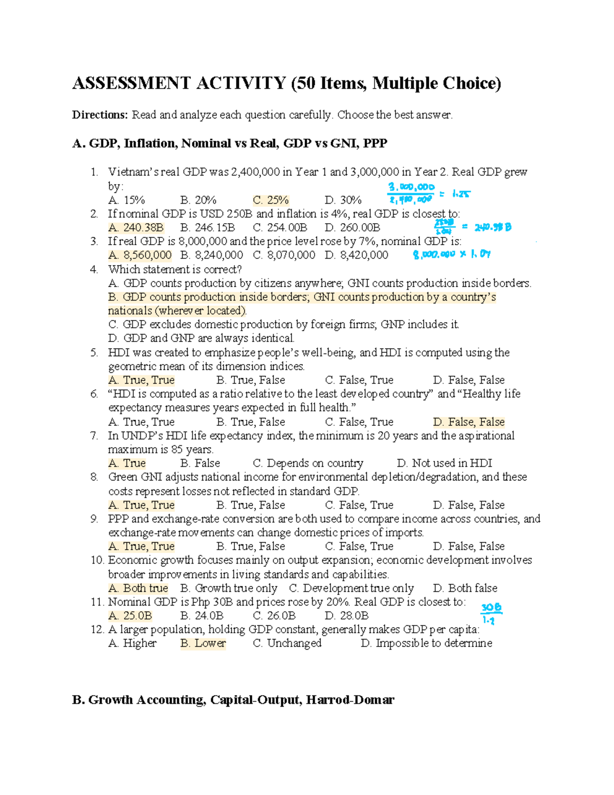 Assessment Activity in Economic Development (50 MCQs) - Studocu