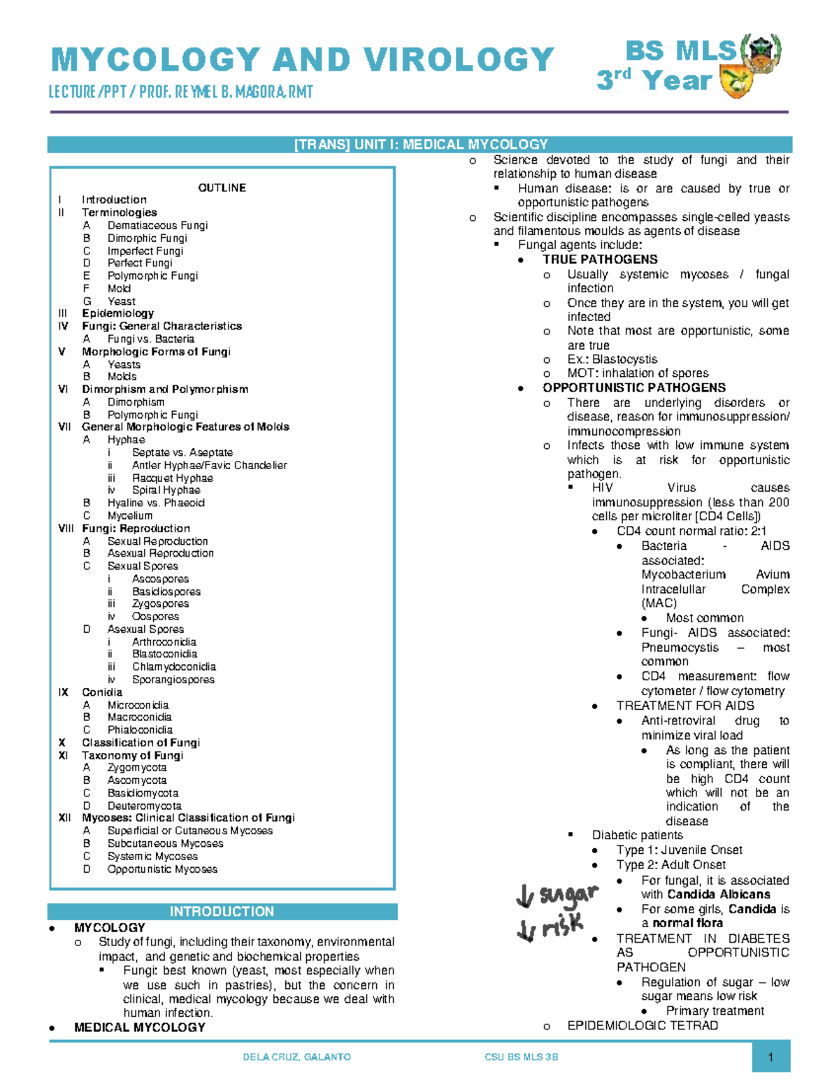 CSU BS MLS 3B: Unit 1 Medical Mycology Study Notes - Studocu