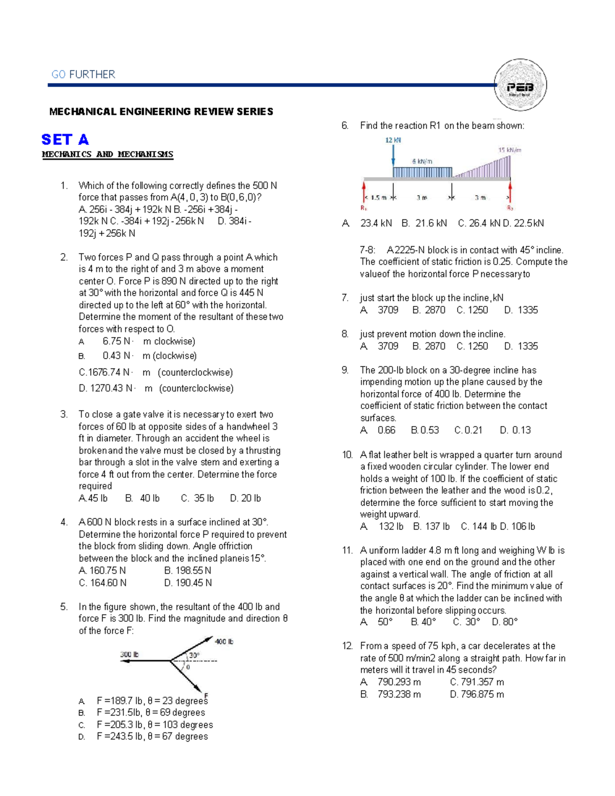 Mechanics Problem Set A for ME Course 2023 - Studocu