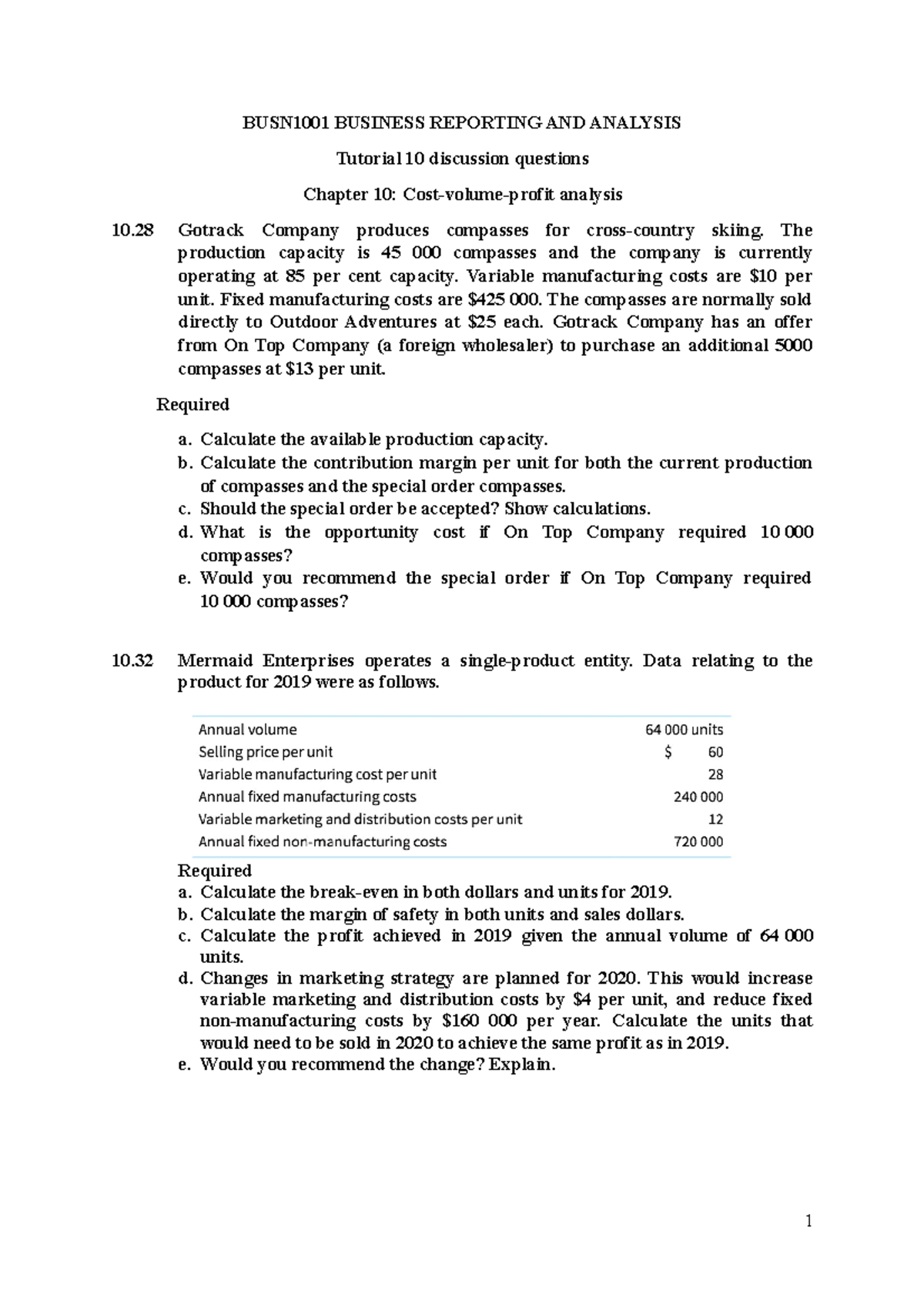 Tutorial 10 Dis Without Answers - BUSN1001 BUSINESS REPORTING AND ...