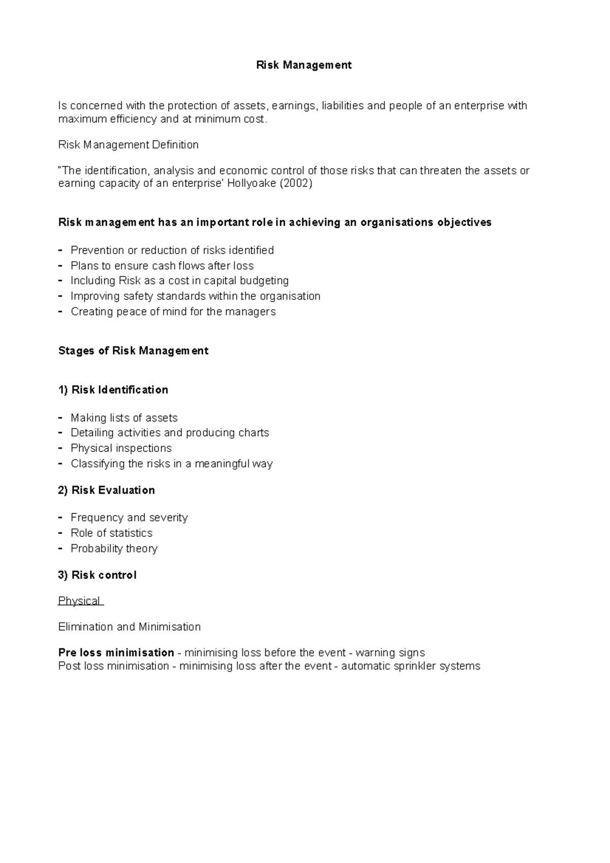 Risk Management - Lecture notes 1 - Risk Management Is concerned with ...