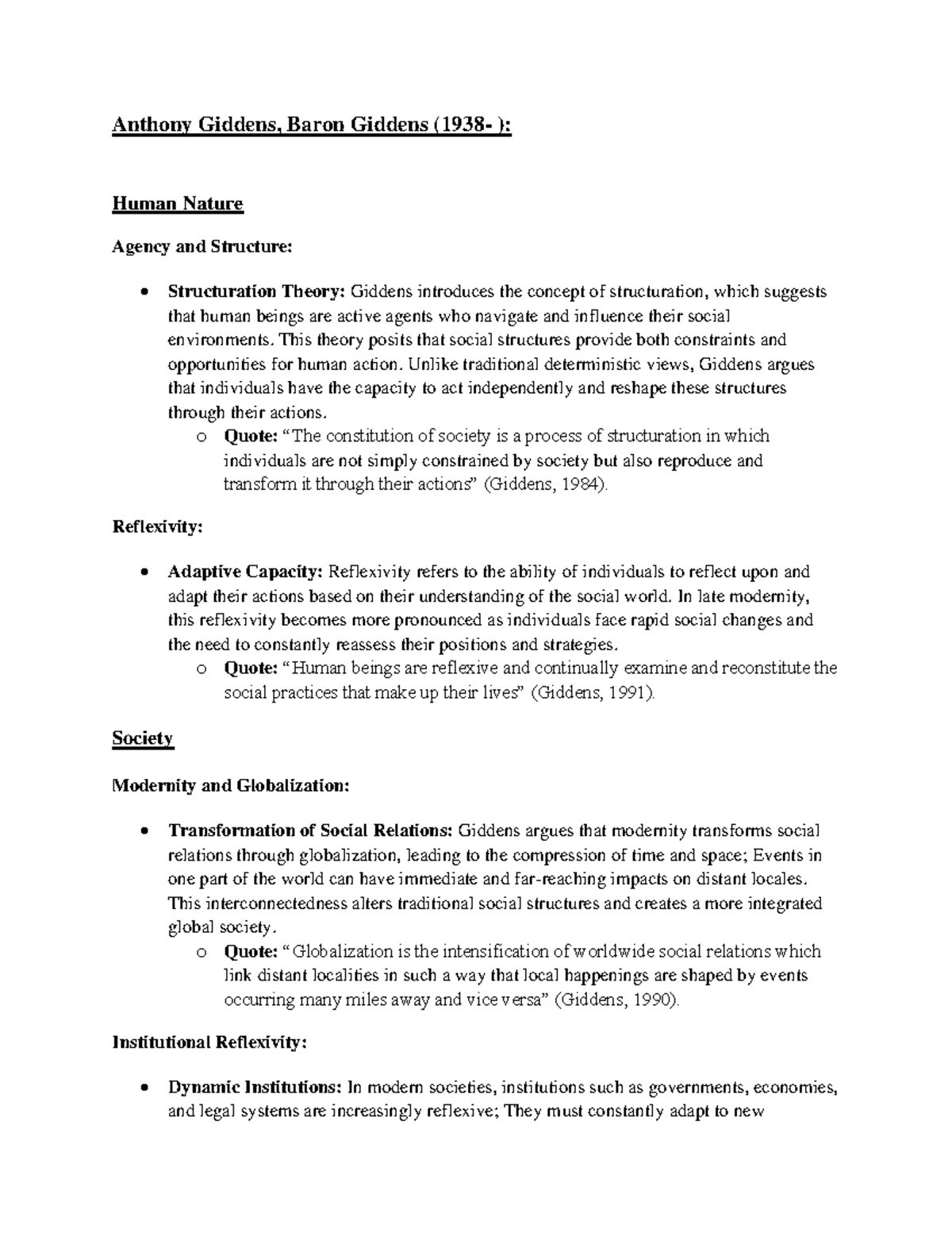 Anthony Giddens Summary: Key Concepts and Theories Explained - Studocu
