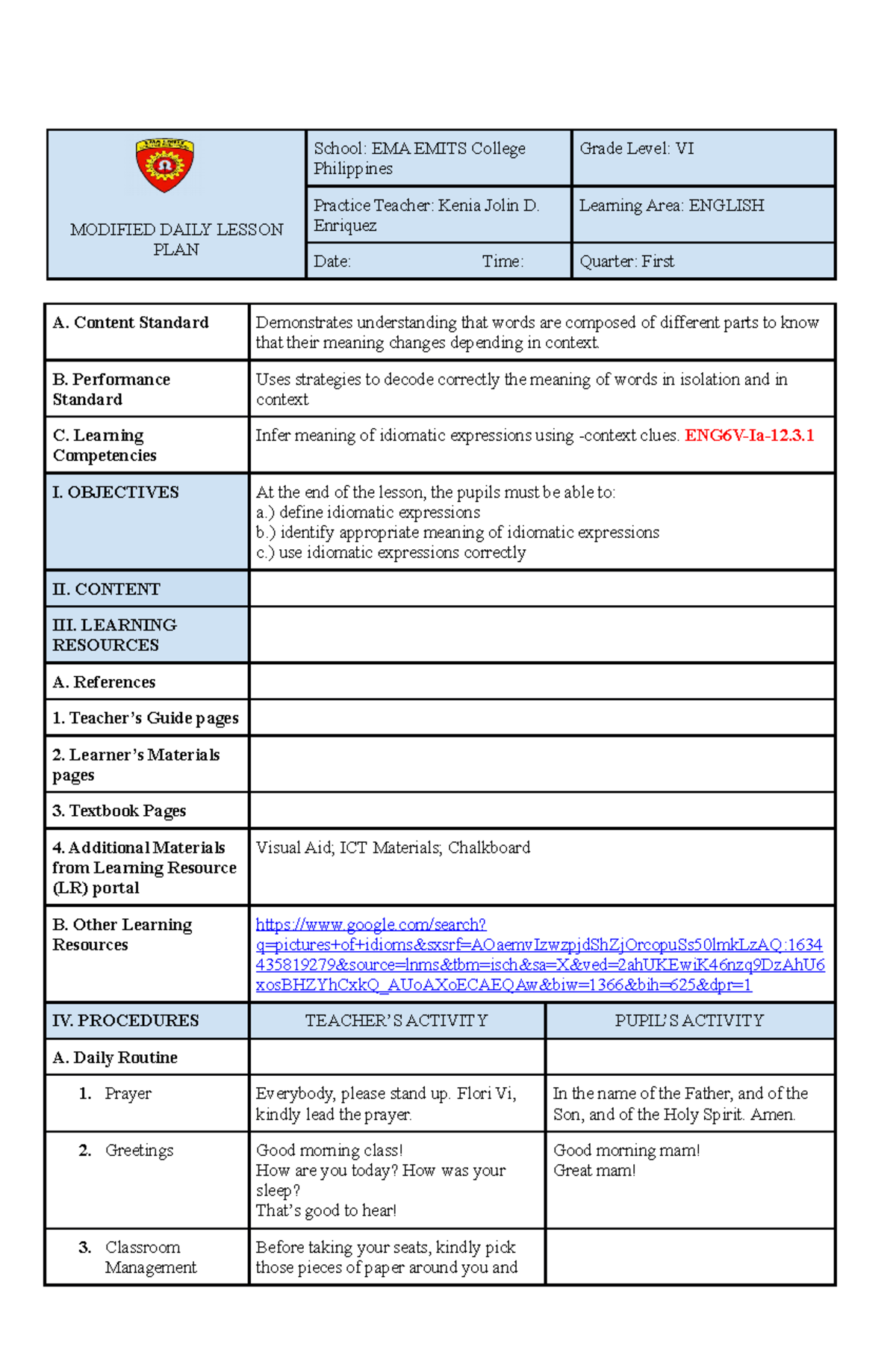 MDLP1 Lesson Plan on Idiomatic Expressions for Grade VI English - Studocu